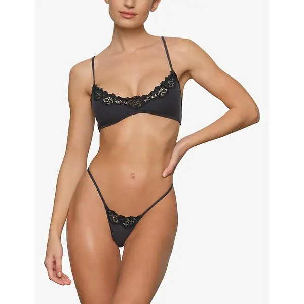 SKIMS Fits Everybody Lace-trimmed Stretch-woven Bra - Onyx