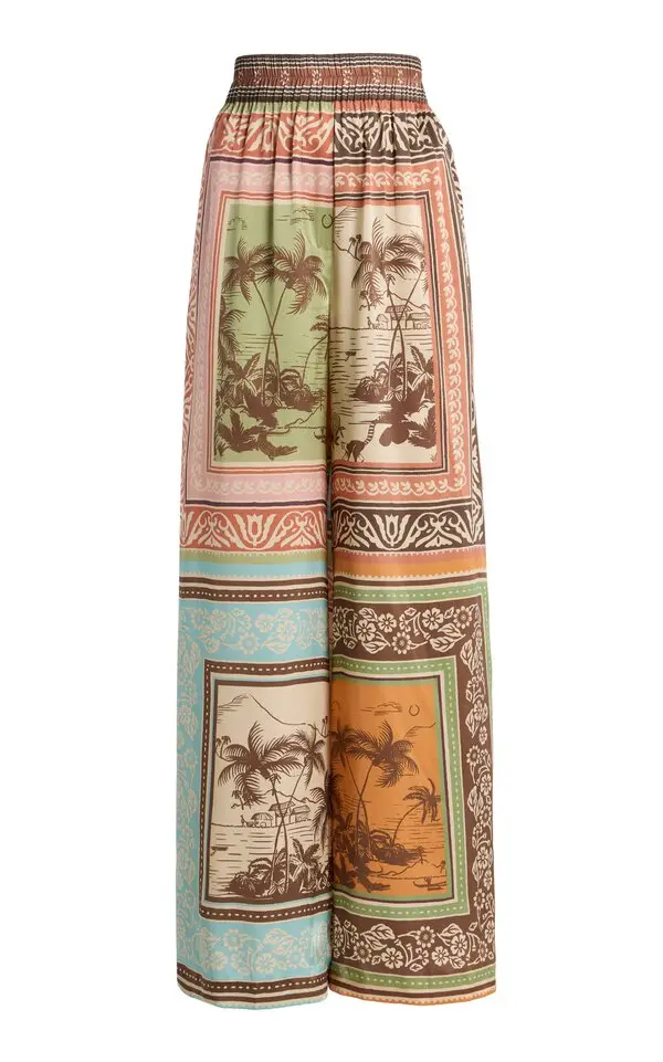 ALEMAIS Sand-washed Silk Satin Wide-leg Tropical Print Pants - Multi