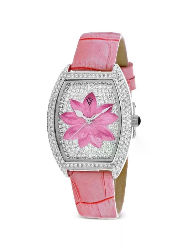 CHRISTIAN VAN SANT Lotus Motif Watch With Pink Dial And Crystal Embellishments - Silver