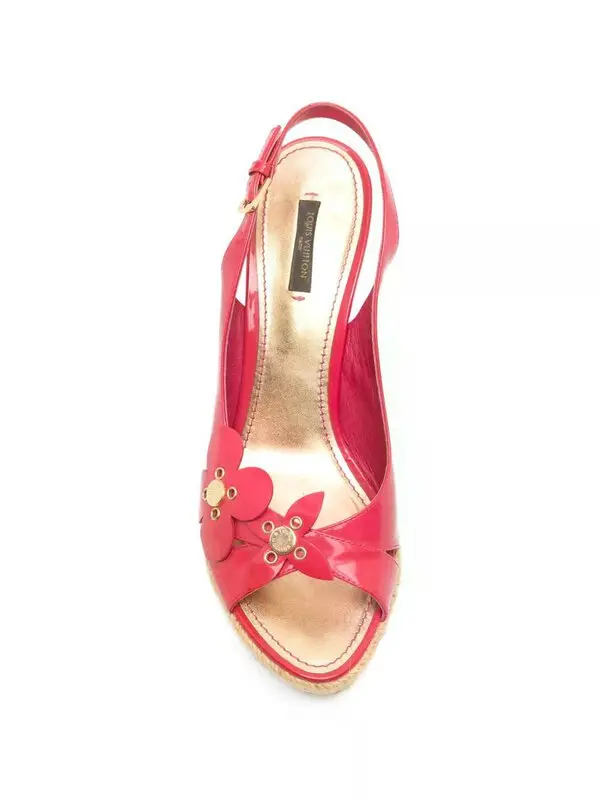 LOUIS VUITTON Leather Floral Appliqué Wedge Espadrilles