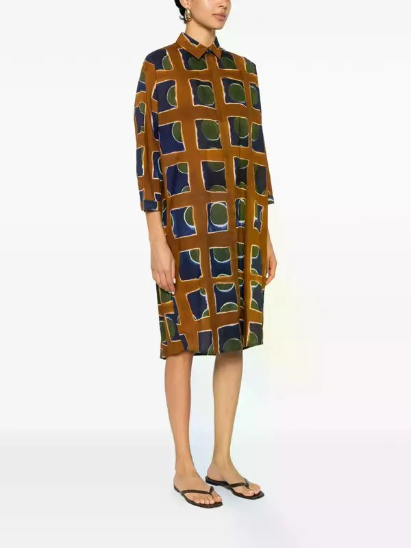 YAVI Geometric Pattern Midi Shirt Dress - Brown