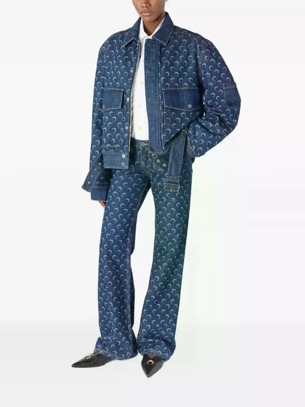 MARINE SERRE Belted Moon-print Denim Jacket