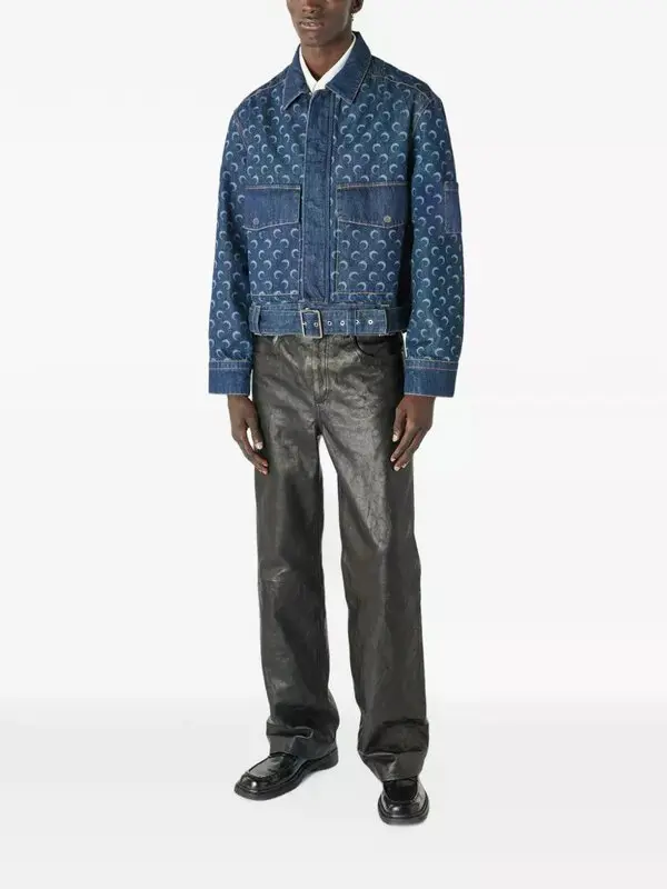 MARINE SERRE Belted Moon-print Denim Jacket