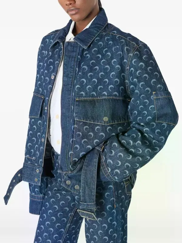 MARINE SERRE Belted Moon-print Denim Jacket