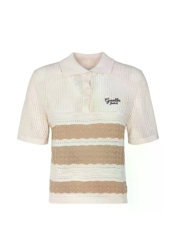 GAELLE Open-knit Striped Polo Shirt - Neutrals