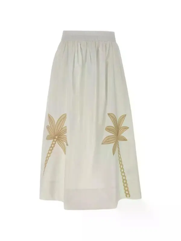 KAOS Palm Tree Embroidered Flared Skirt - Neutrals
