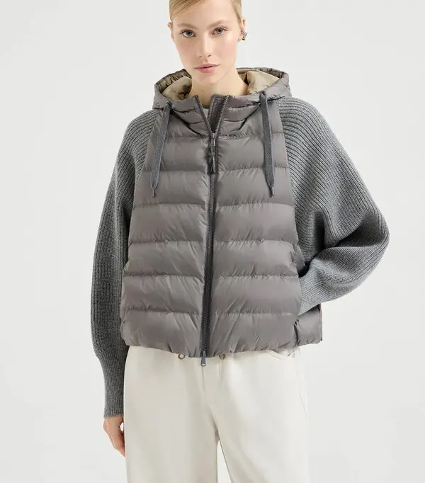 Brunello Cucinelli Padded Down Jacket With Virgin Wool, Cashmere, And Silk Blend Sleeves