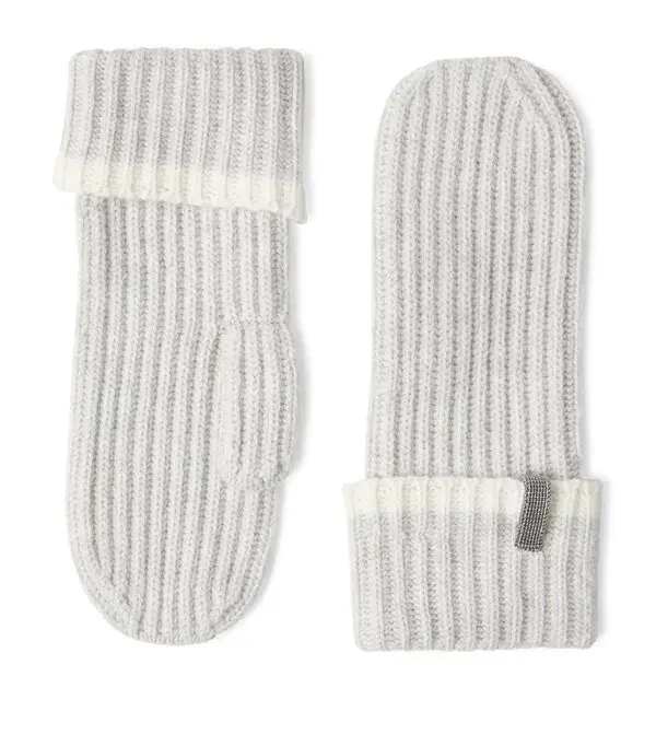 Brunello Cucinelli Cashmere Ribbed Mittens With Monili Trim - White