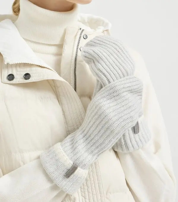 Brunello Cucinelli Cashmere Ribbed Mittens With Monili Trim - White
