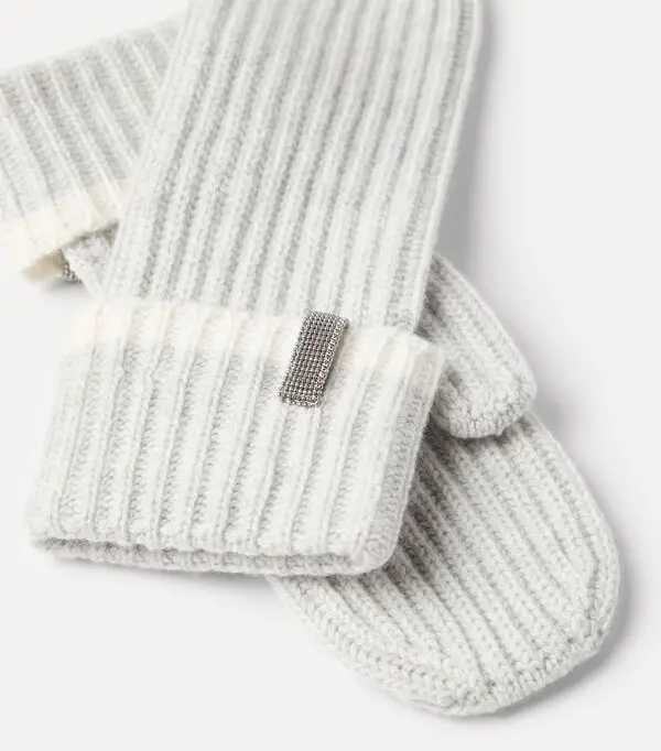 Brunello Cucinelli Cashmere Ribbed Mittens With Monili Trim - White