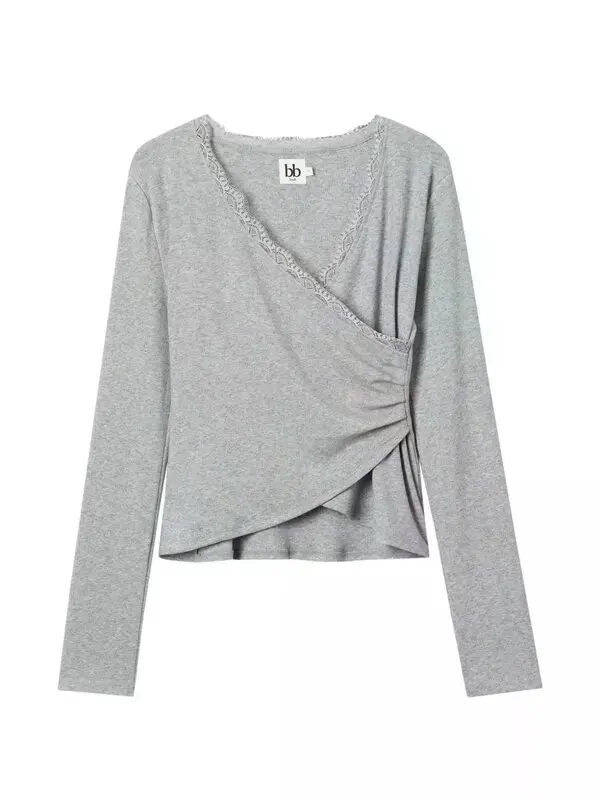 B+AB Lace Trim V-neck Long Sleeve Top - Grey
