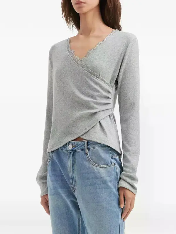 B+AB Lace Trim V-neck Long Sleeve Top - Grey