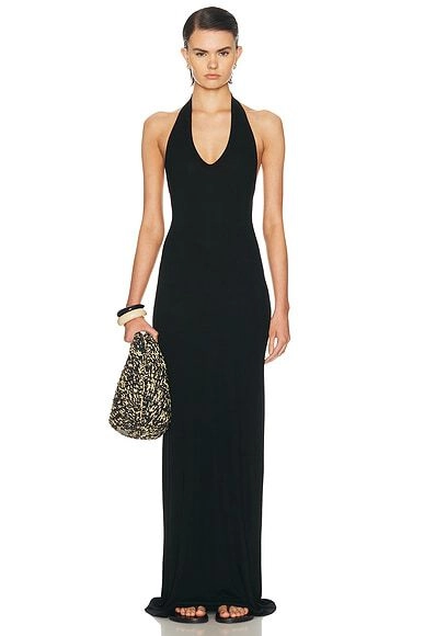 Enza Costa Silk Rib U Neck Halter Fluid Maxi Dress - Black