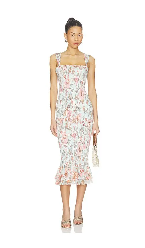 Hemant & Nandita Smocked Floral Print Midi Dress - Blue