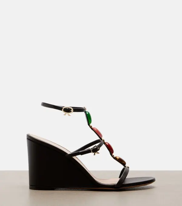 GIANVITO ROSSI Embellished Leather Wedge Sandals