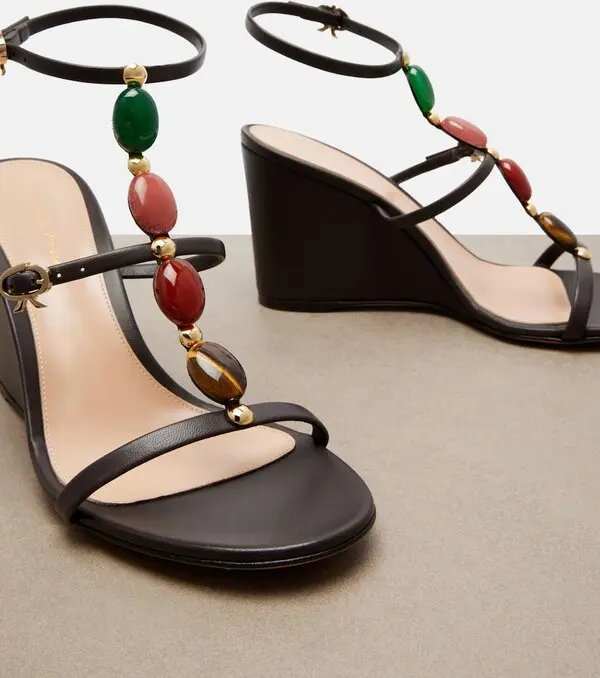 GIANVITO ROSSI Embellished Leather Wedge Sandals