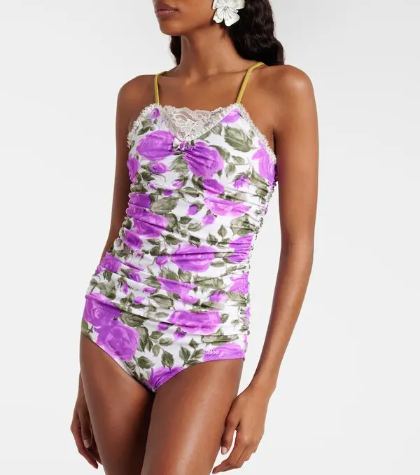 Chloé Floral Ruched Lace-trimmed One-piece Swimsuit