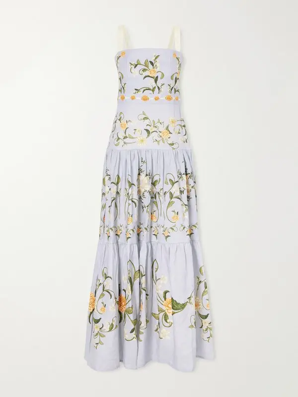 Agua Bendita Lima Valle' Floral Print Linen Maxi Dress - Blue