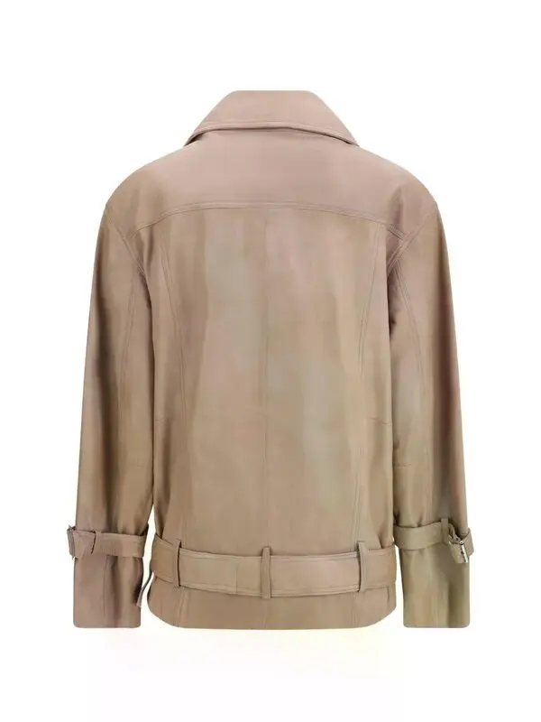 Pinko Belted Distressed Leather Biker Jacket - Neutrals