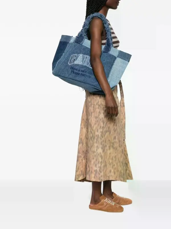 GANNI Patchwork Frayed Denim Tote Bag