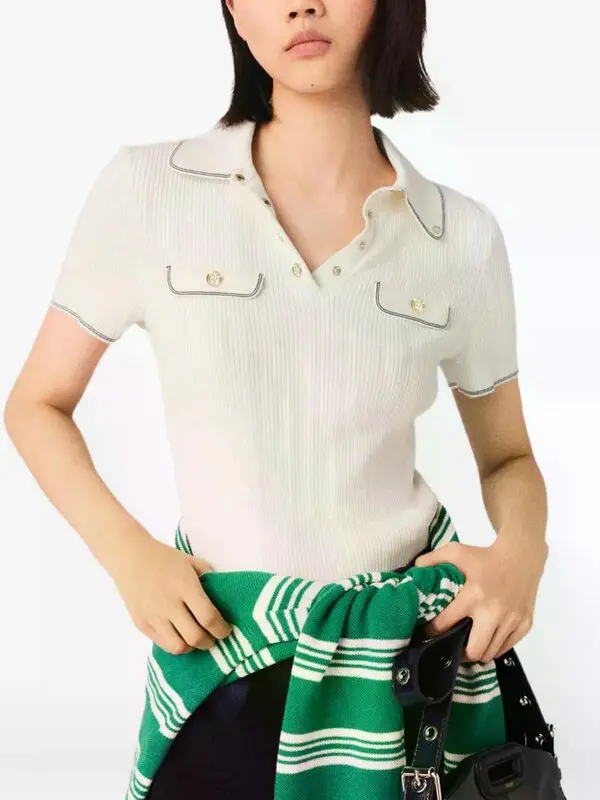 Maje Ribbed-knit Short-sleeve Polo Shirt With Clover Detail - Neutrals
