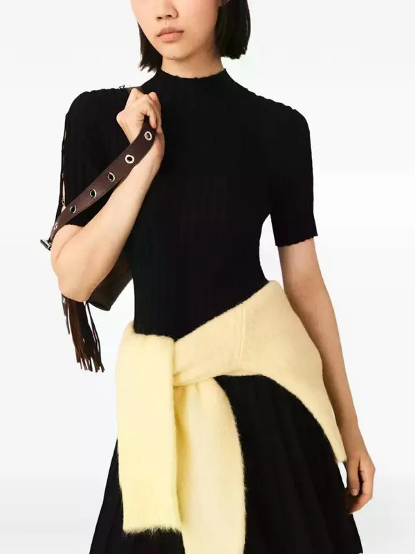 Maje Ribbed Knit High Neck Mini Dress With Clover Fastenings