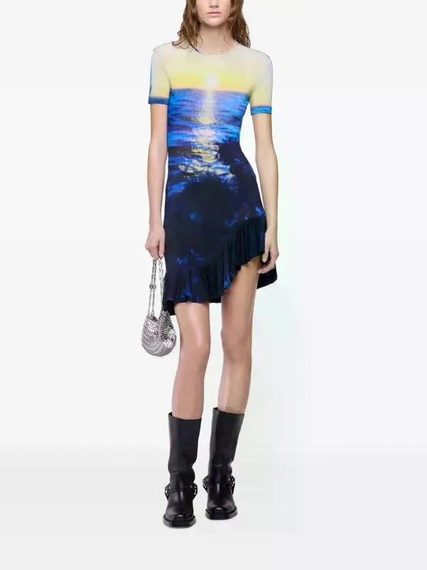 Rabanne Sunset Print Ruffled Hem Mini Dress - Blue