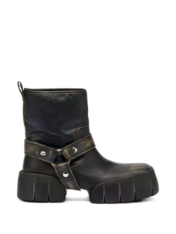 DIESEL® D-tex Strap Detail Leather Boots - Black