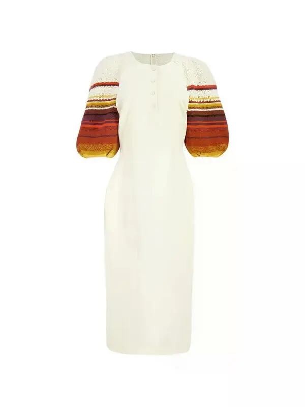 Gabriela Hearst Textured Linen Dress With Crochet Puff Sleeves - Neutrals