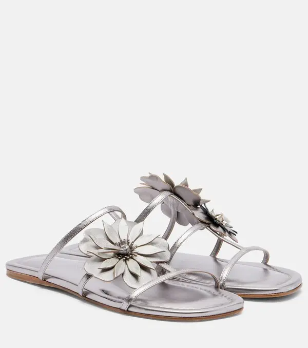 Zimmermann Metallic Leather Floral Appliqué Sandals - Silver