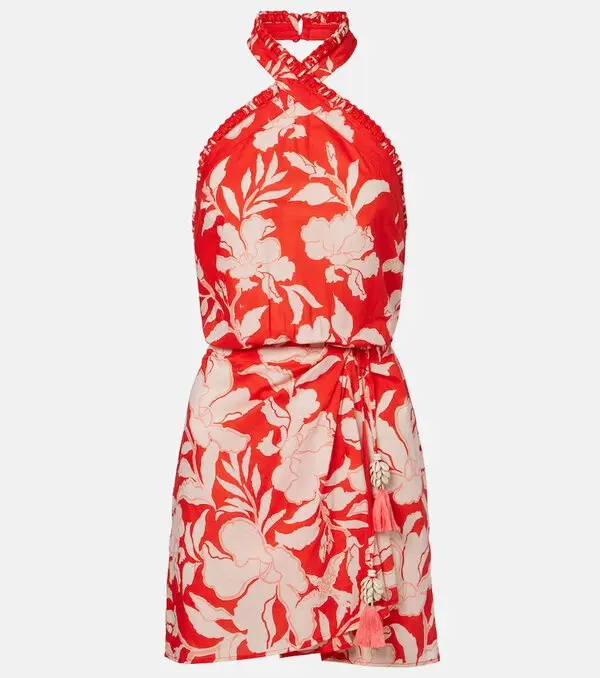 Poupette St Barth Manon Floral Halterneck Cotton Mini Dress - Red