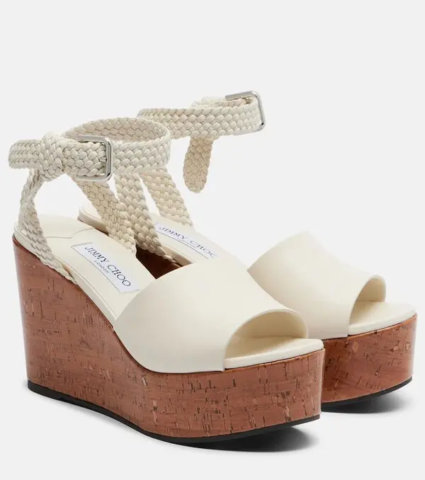 JIMMY CHOO Jory Leather Wedge Sandals - White