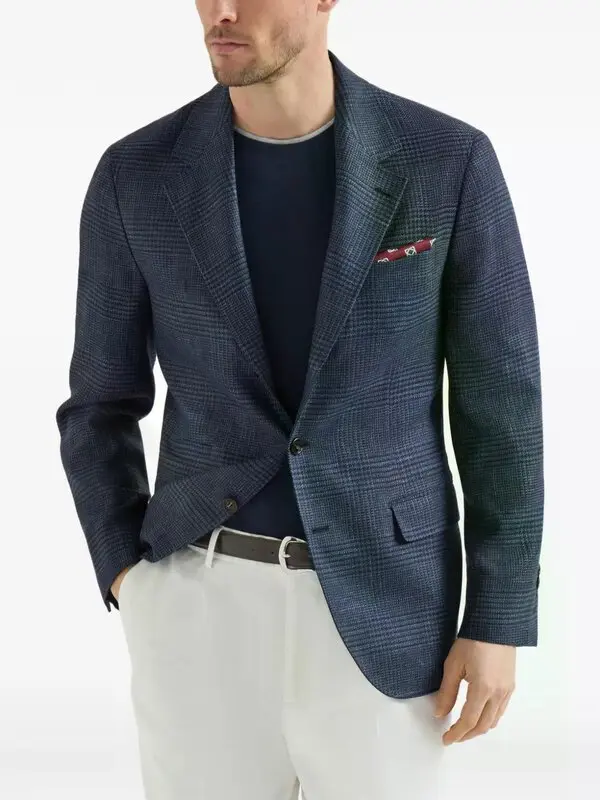 Brunello Cucinelli Wool, Silk And Linen Prince Of Wales Deconstructed Blazer - Blue