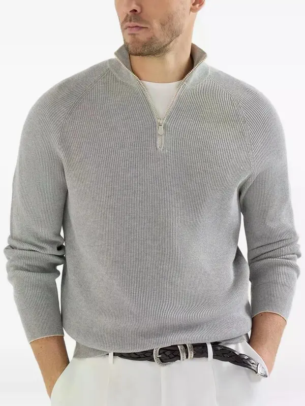Brunello Cucinelli Cotton English Rib Half-zip Sweater - Grey