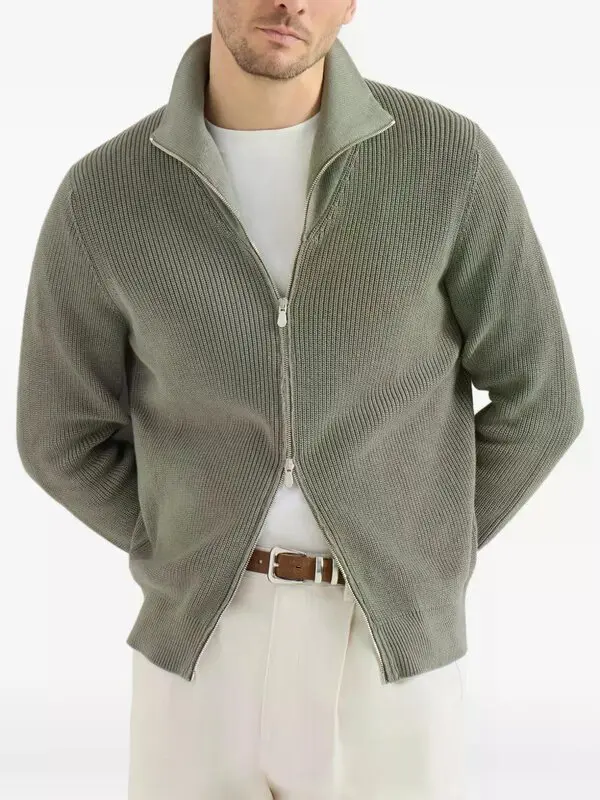 Brunello Cucinelli Cotton Half English Rib Cardigan With Zip - Green