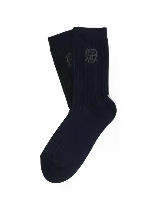 Brunello Cucinelli Ribbed Cotton Socks With Embroidered Logo - Black