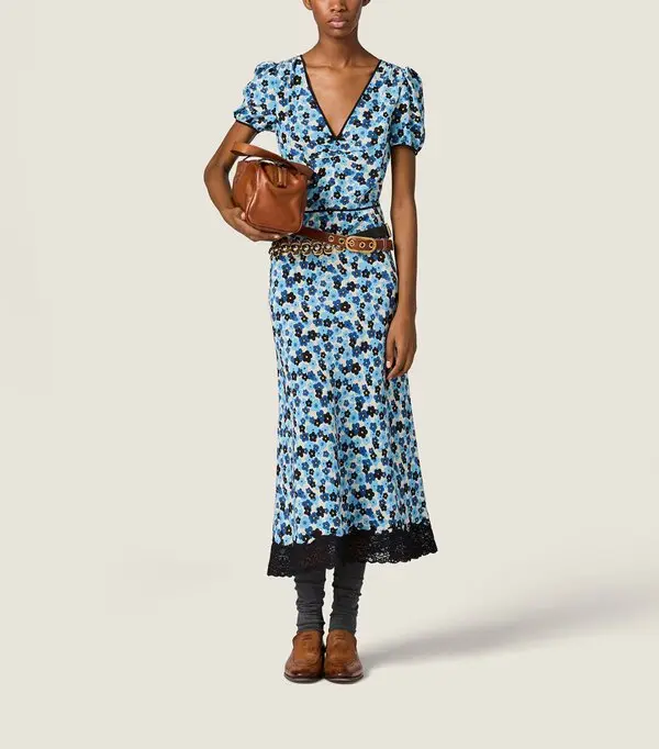 Miu Miu Floral Silk Crepe De Chine Midi Dress With Lace Trim