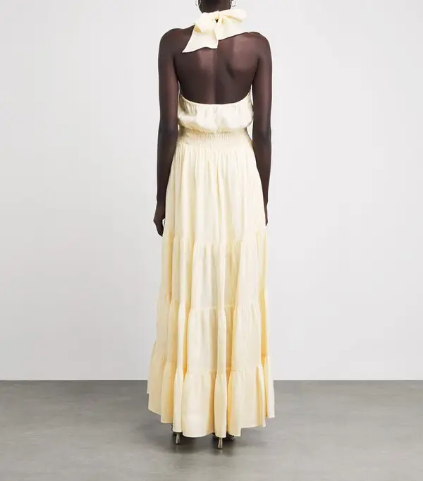 Sandro Linen-blend Tiered Halterneck Maxi Dress With Floral Appliqu - Beige