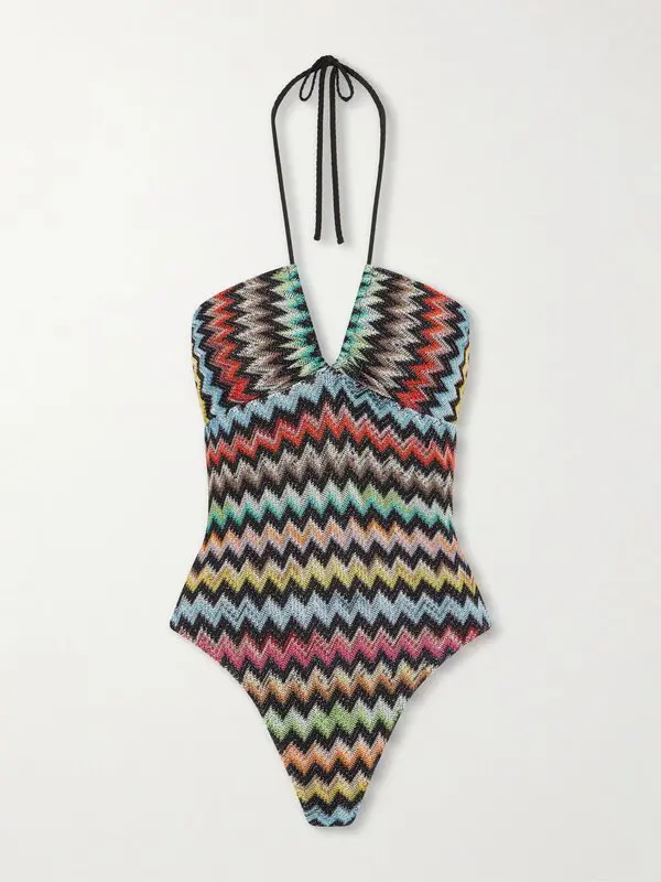 Missoni Striped Metallic Crochet-knit Halterneck Swimsuit - Multi