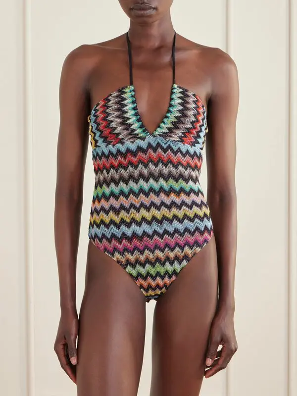 Missoni Striped Metallic Crochet-knit Halterneck Swimsuit