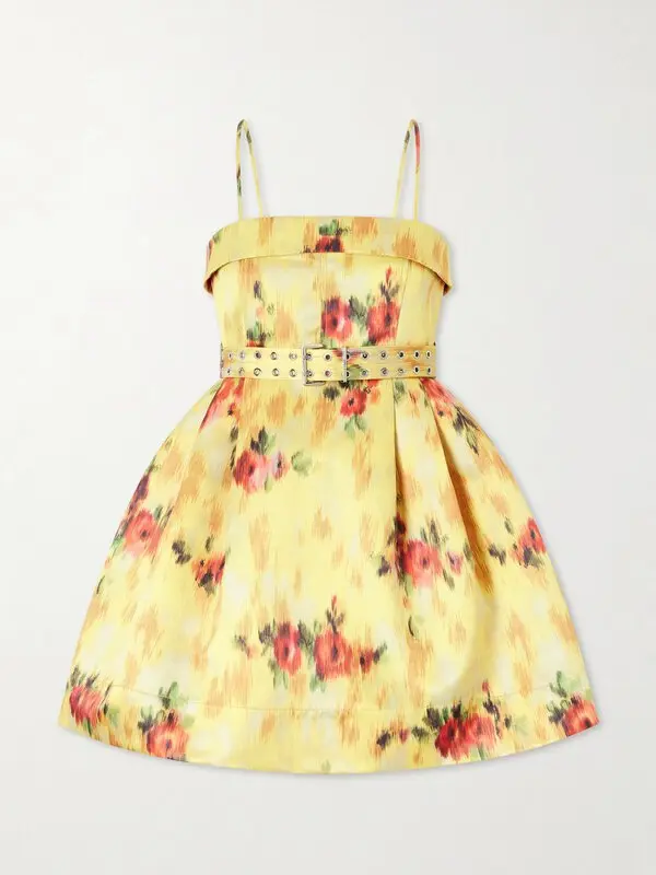 GANNI Floral-print Tie-detailed Duchesse-satin Mini Dress - Yellow