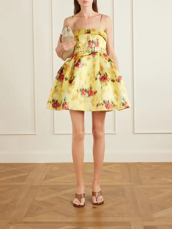 GANNI Floral-print Tie-detailed Duchesse-satin Mini Dress - Yellow
