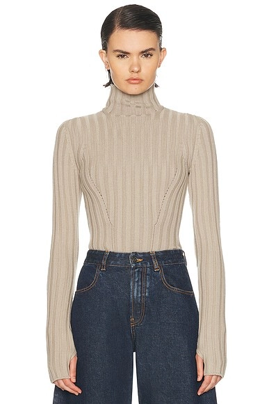 Alaïa Ribbed Knit Turtleneck Bodysuit - Sable