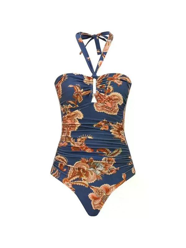 Zimmermann Aster Floral-print Bandeau One-piece Swimsuit - Blue