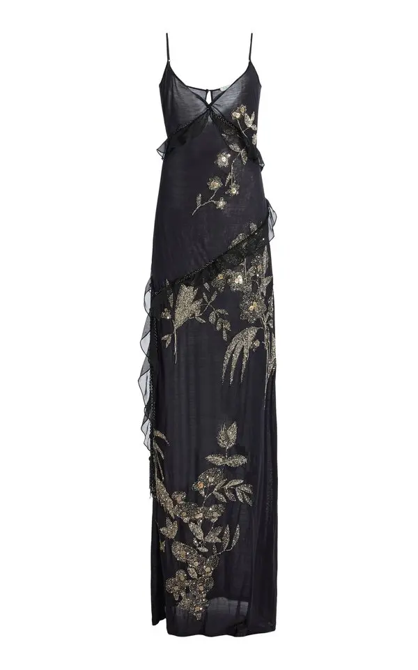 WIEDERHOEFT Arbe' Embroidered Silk Jersey Maxi Dress