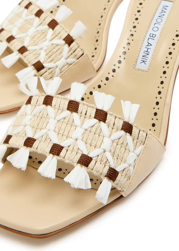 Manolo Blahnik Embellished Leather Mules - Beige