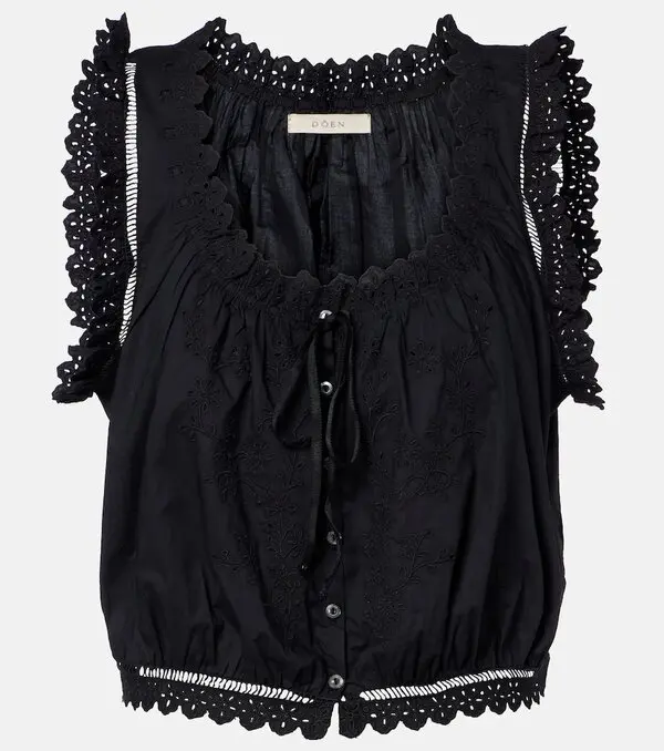 DÔEN Traveler Embroidered Cotton Top - Black
