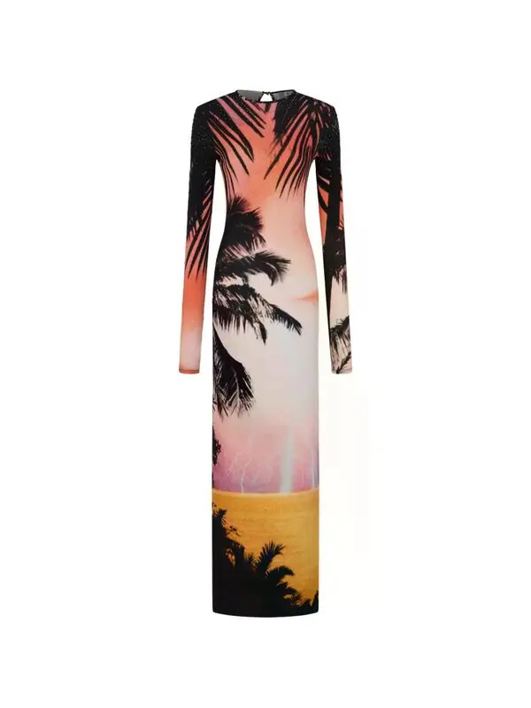 Rabanne Embellished Palm Print Maxi Dress - Black