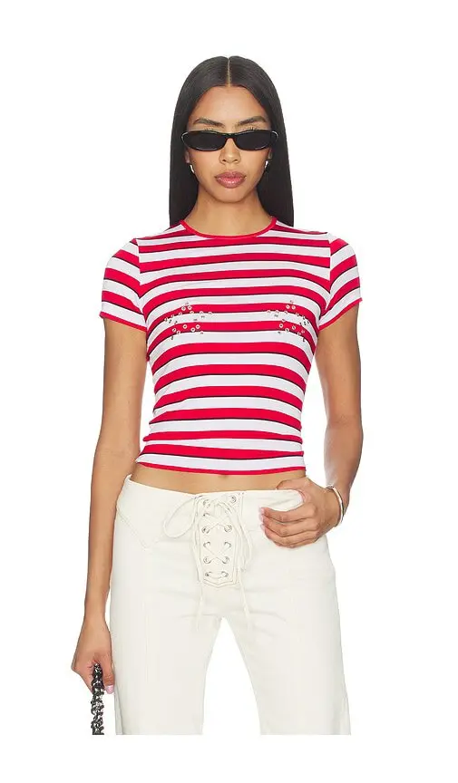 Miaou Short Sleeve Striped T-shirt With Grommet Detail - Red