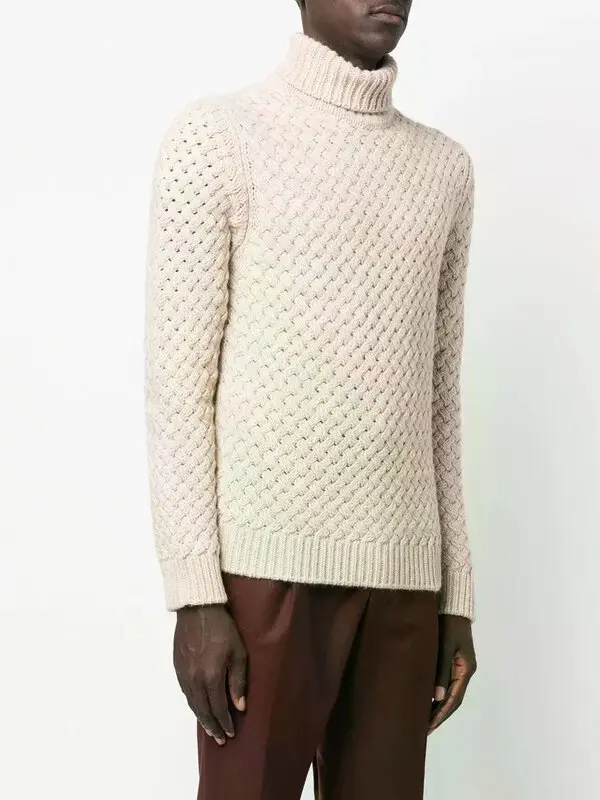 LARDINI Cream White Cable Knit Roll Neck Jumper